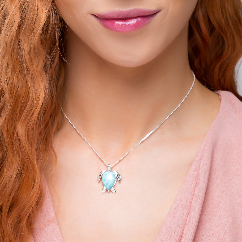Larimar Sea Turtle Necklace | Silver Tortoise Jewellery | Henryka UK