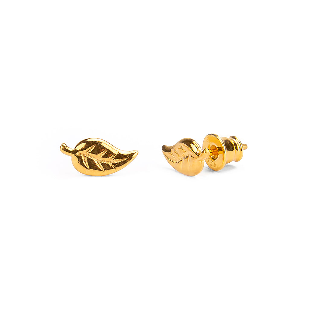 Gold Leaf Stud Earrings | Miniature Gold Plated Leaf Studs | Henryka UK